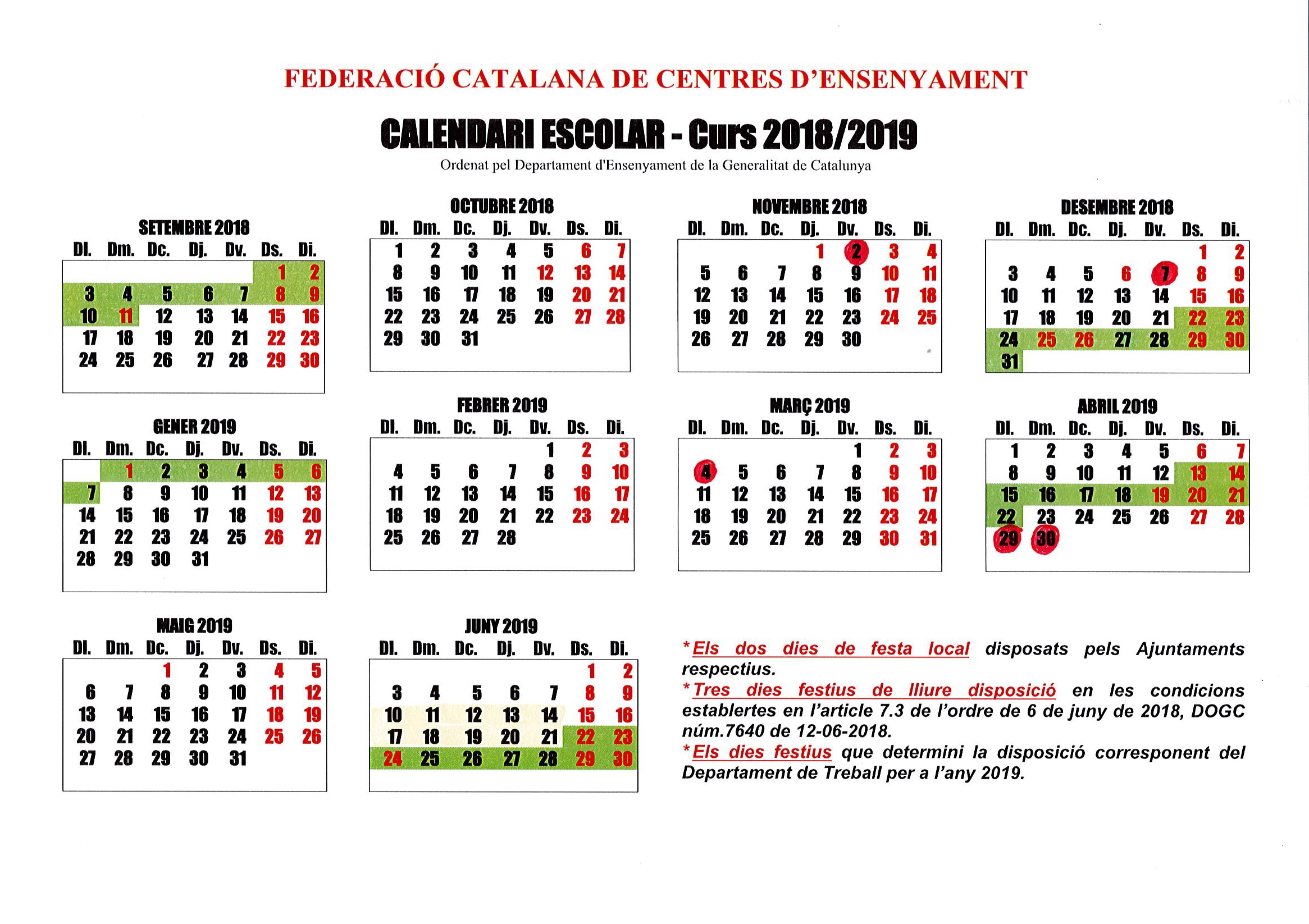 Calendari 2018 - 2019